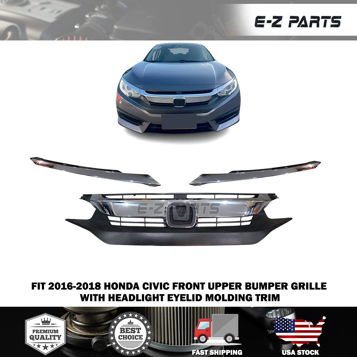 Fit 2016-2018 Honda Civic Front Bumper Grille with Headlight Eyelid Mo – E-Zparts